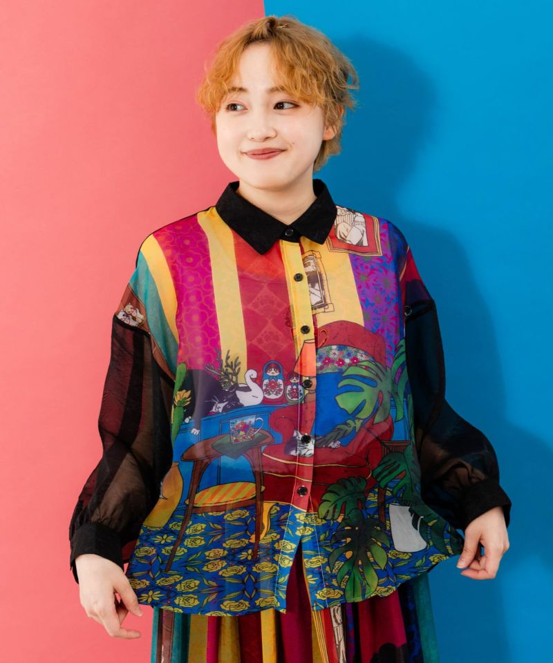 152681：スカラールーム柄 オーガンジーシャツの通販-ScoLar